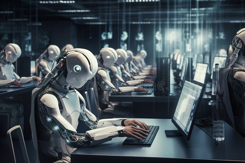 AI Robots Using Multiple Computers Working Monitoring Data in Office ...