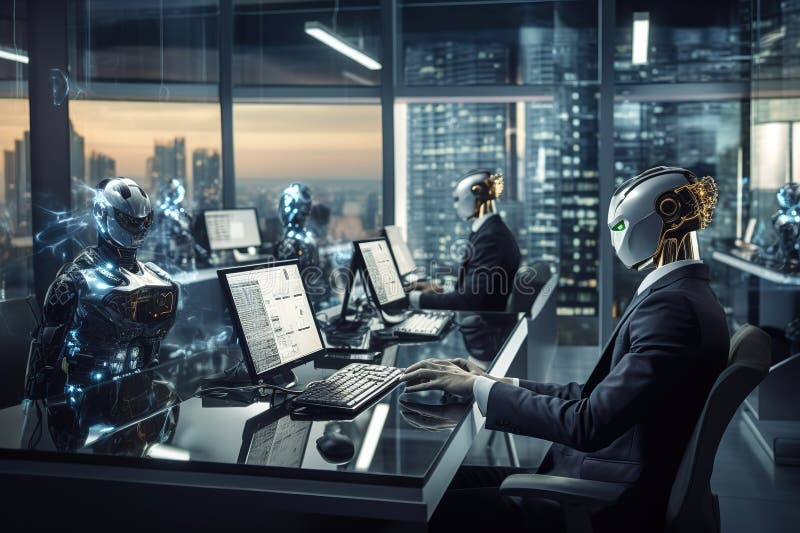 AI Robots Using Multiple Computers Working Monitoring Data in Office Generative AI Stock ...