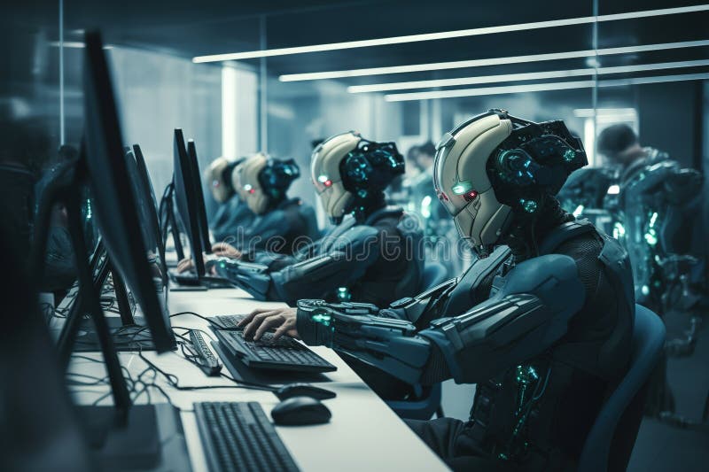 AI Robots Using Multiple Computers Working Monitoring Data in Office ...