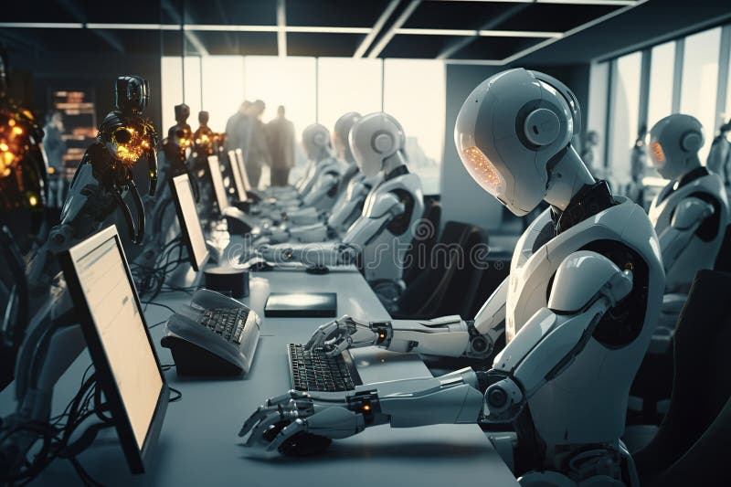 AI Robots Using Multiple Computers Working Monitoring Data in Office ...