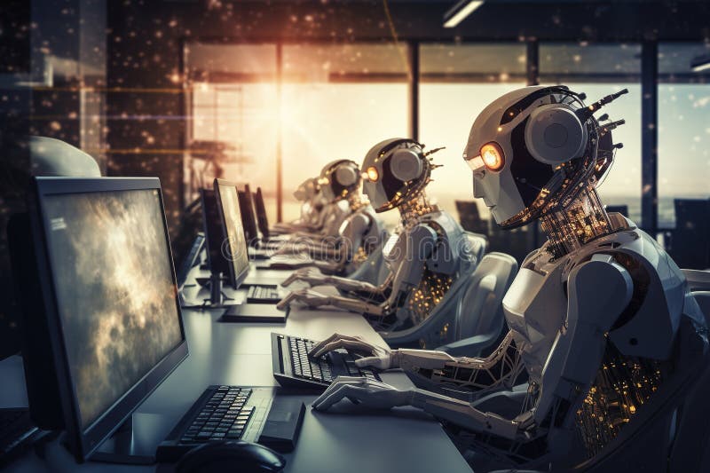AI Robots Using Multiple Computers Working Monitoring Data in Office ...