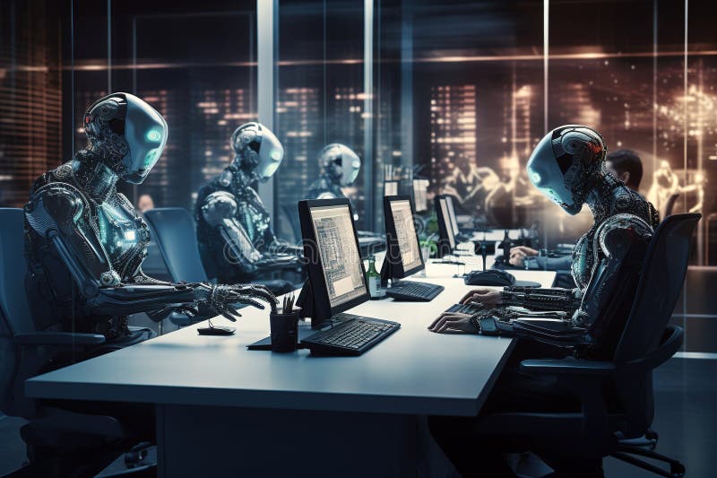 AI Robots Using Multiple Computers Working Monitoring Data in Office Generative AI Stock ...