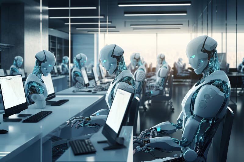 AI Robots Using Multiple Computers Working Monitoring Data in Office ...