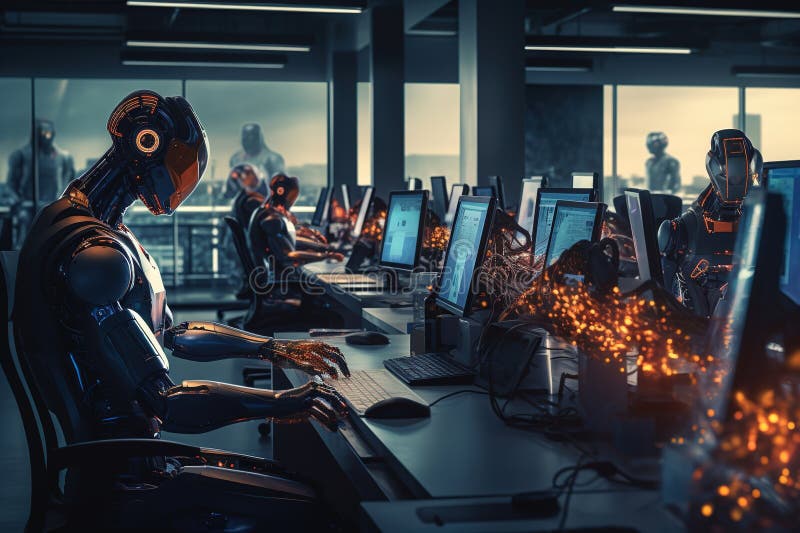 AI Robots Using Multiple Computers Working Monitoring Data in Office Generative AI Stock ...