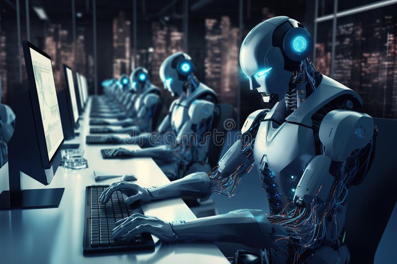 Ai Robots Using Multiple Computers Working Monitoring Data In Office Generative Ai Stock