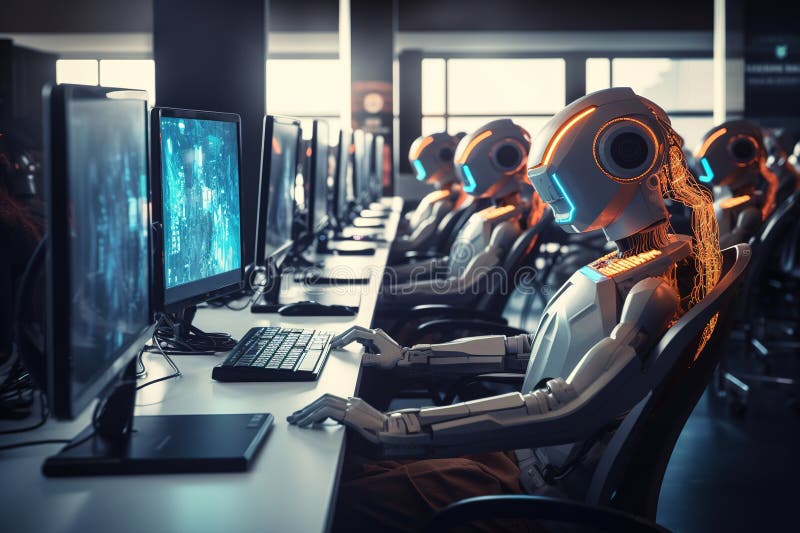 AI Robots Using Multiple Computers Working Monitoring Data in Office ...