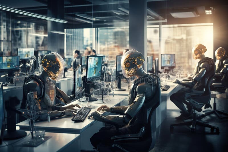 Ai Robots Using Multiple Computers Working Monitoring Data In Office Generative Ai Stock
