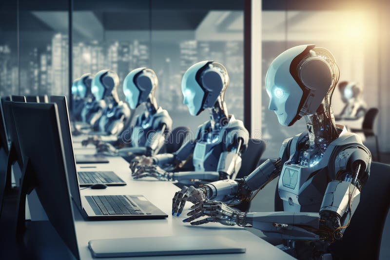 AI Robots Using Multiple Computers Working Monitoring Data in Office Generative AI Stock ...