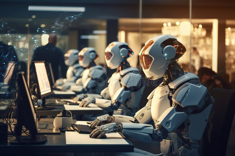 AI Robots Using Multiple Computers Working Monitoring Data in Office ...