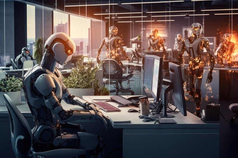 Ai Robots Using Multiple Computers Working Monitoring Data In Office Generative Ai Stock