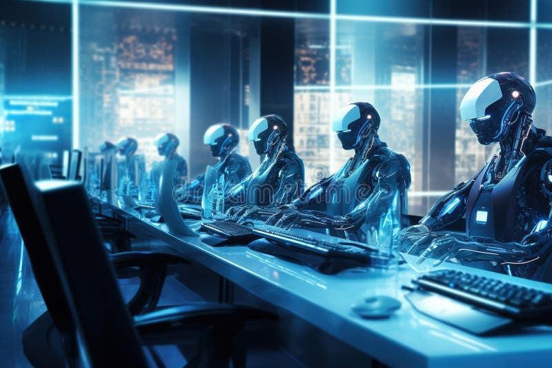 Ai Robots Using Multiple Computers Working Monitoring Data In Office Generative Ai Stock