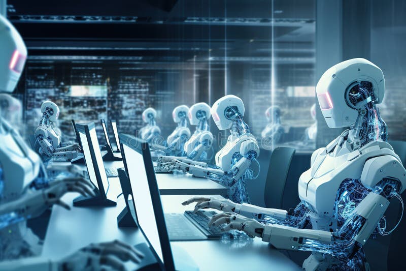 AI Robots Using Multiple Computers Working Monitoring Data in Office Generative AI Stock ...