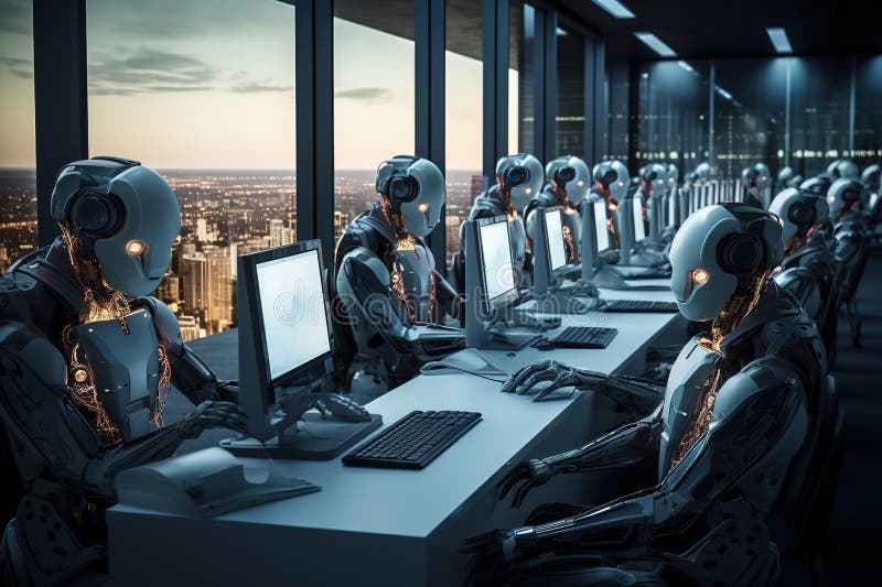 Ai Robots Using Multiple Computers Working Monitoring Data In Office