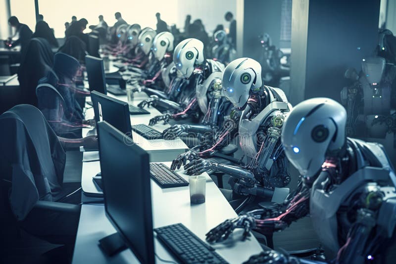 AI Robots Using Multiple Computers Working Monitoring Data in Office ...