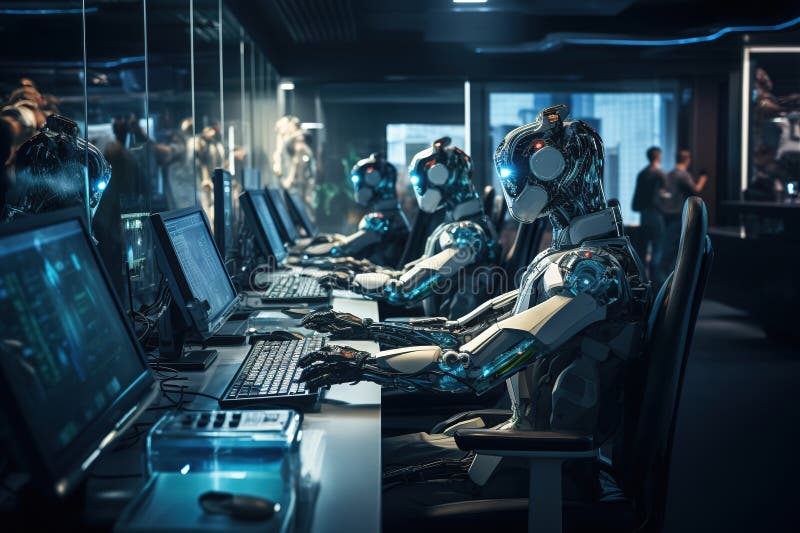 Ai Robots Using Multiple Computers Working Monitoring Data In Office 1084