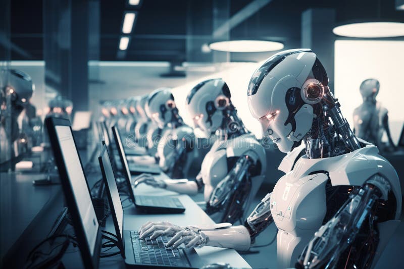 Ai Robots Using Multiple Computers Working Monitoring Data In Office Generative Ai Stock