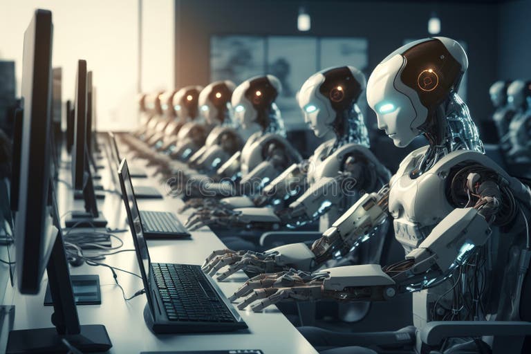 AI Robots Using Multiple Computers Working Monitoring Data in Office Generative AI Stock ...
