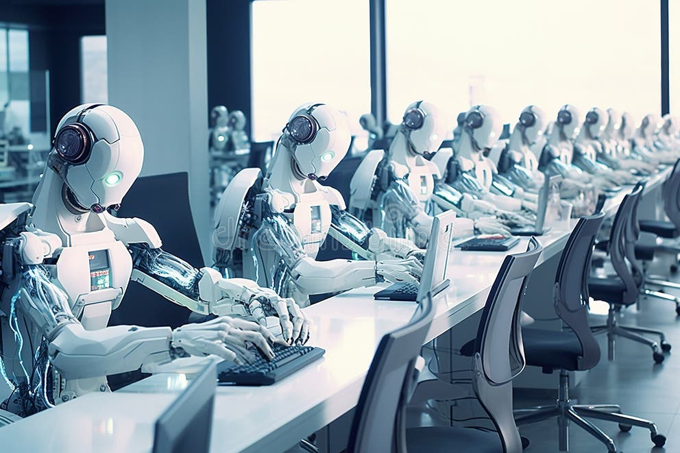 AI Robots Using Multiple Computers Working Monitoring Data in Office Generative AI Stock ...