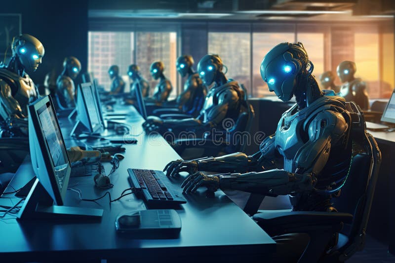 Ai Robots Using Multiple Computers Working Monitoring Data In Office Generative Ai Stock