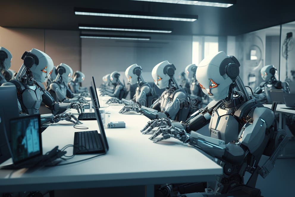 AI Robots Using Multiple Computers Working Monitoring Data in Office Generative AI Stock ...