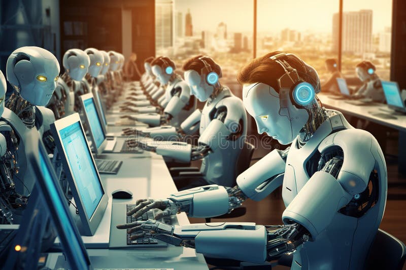 AI Robots Using Multiple Computers Working Monitoring Data in Office ...