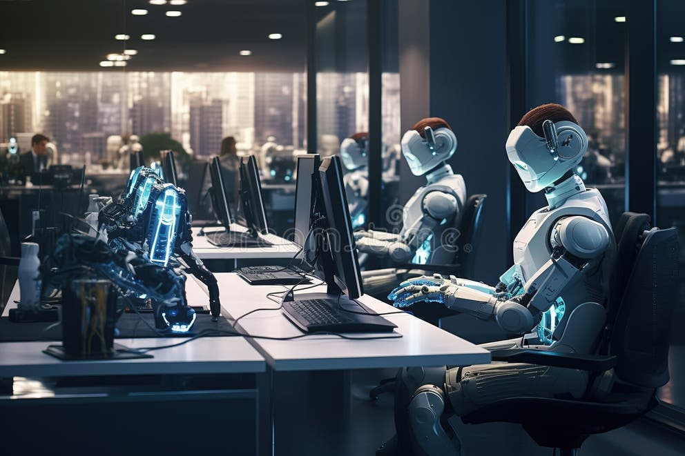 AI Robots Using Multiple Computers Working Monitoring Data in Office Generative AI Stock ...