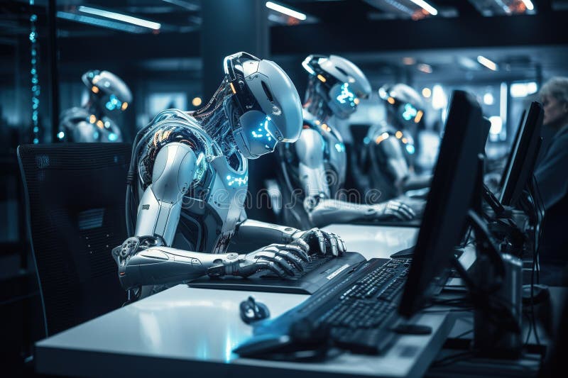 AI Robots Using Multiple Computers Working Monitoring Data in Office ...