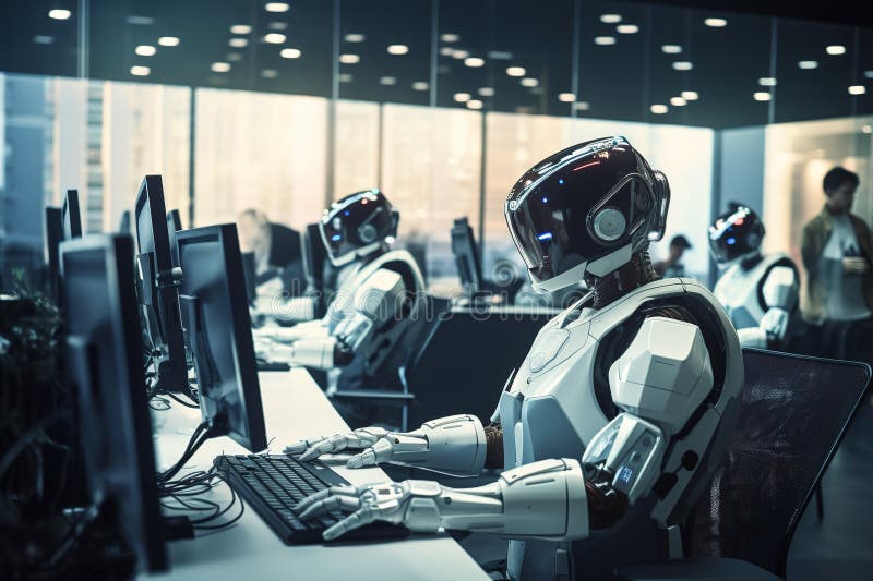 Ai Robots Using Multiple Computers Working Monitoring Data In Office