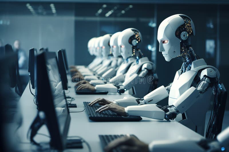AI Robots Using Multiple Computers Working Monitoring Data in Office Generative AI Stock ...
