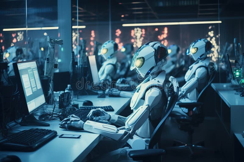 AI Robots Using Multiple Computers Working Monitoring Data in Office Generative AI Stock ...