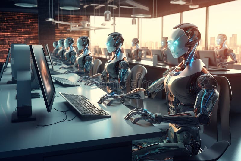 Ai Robots Using Multiple Computers Working Monitoring Data In Office Generative Ai Stock