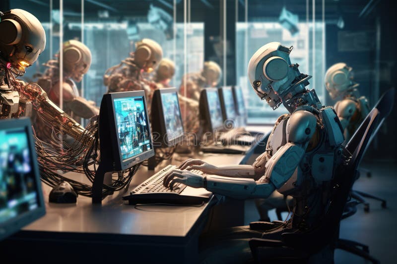 Ai Robots Using Multiple Computers Working Monitoring Data In Office Generative Ai Stock