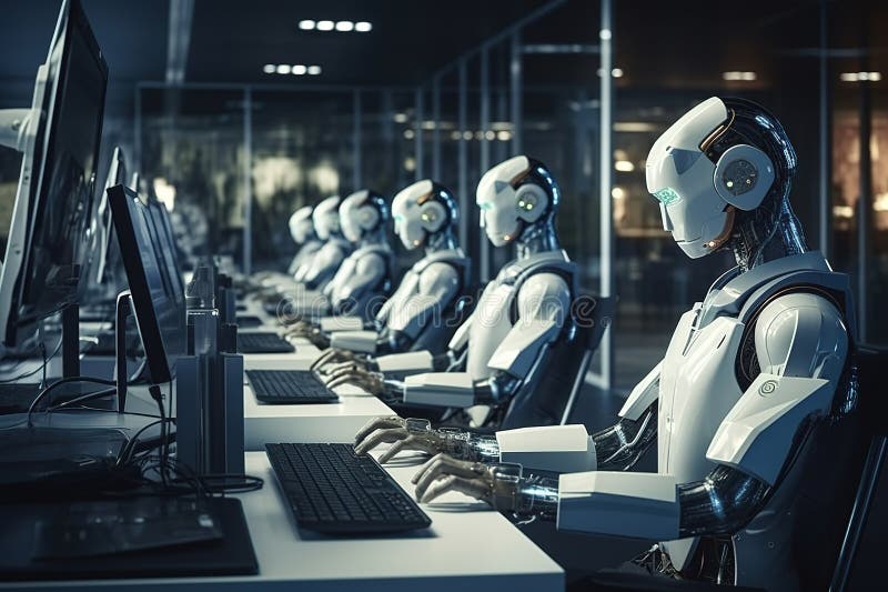 AI Robots Using Multiple Computers Working Monitoring Data in Office ...