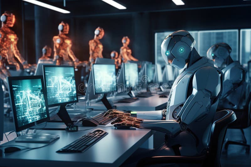 AI Robots Using Multiple Computers Working Monitoring Data in Office Generative AI Stock ...
