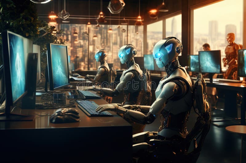 AI Robots Using Multiple Computers Working Monitoring Data in Office ...