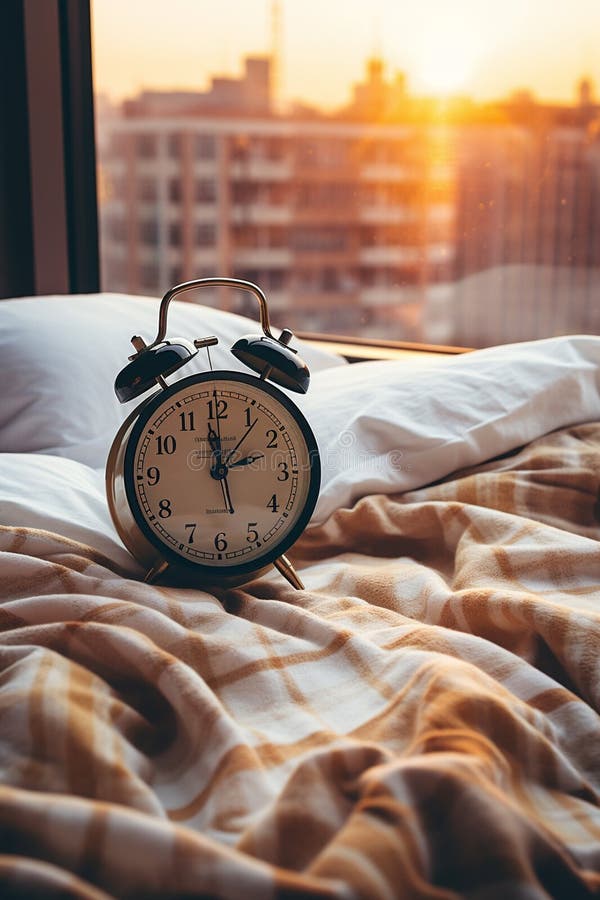 A Beautiful Alarm Clock on the Bed. Good Morning. Stock Photo - Image ...