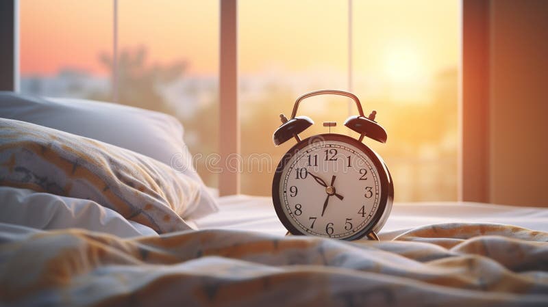 A Beautiful Alarm Clock on the Bed. Good Morning. Stock Photo - Image ...