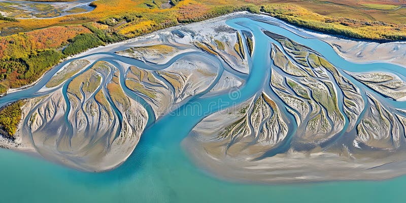Beautiful Alaskan River Delta with Autumn Trees from Above View Stock Illustration ...