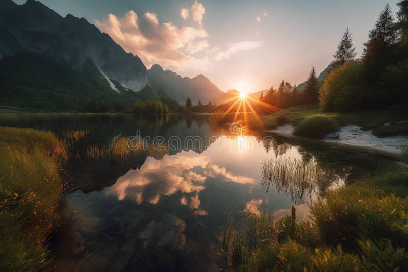 Beautiful Alpine Lake at Sunset. Composition of Nature Stock ...