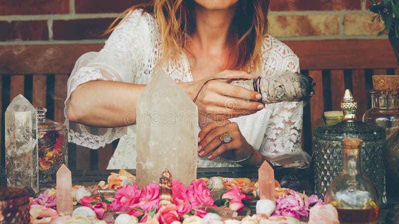 Beautiful Altar with Crystals and Rose Flowers. Stock Photo - Image of ...