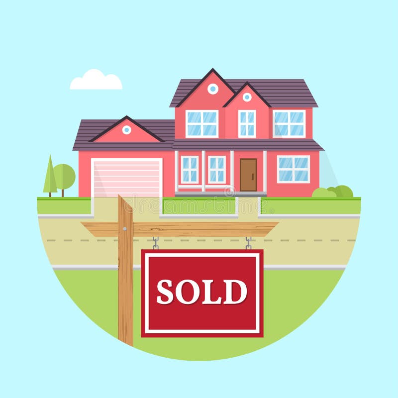 Beautiful American House on the Blue Background with SOLD Sign Stock ...