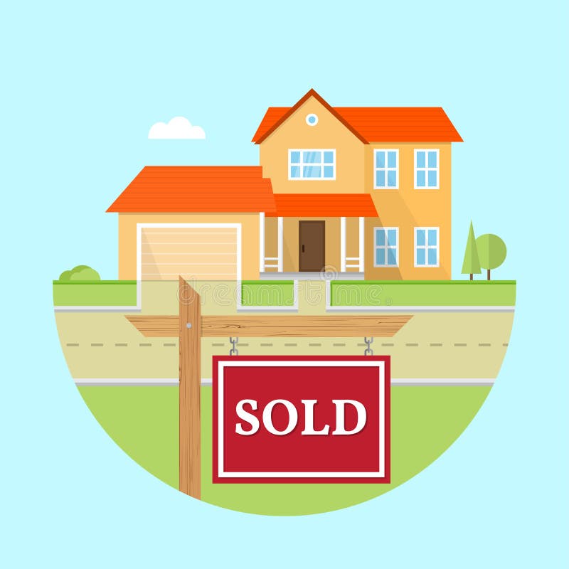 Beautiful American House on the Blue Background with SOLD Sign Stock ...