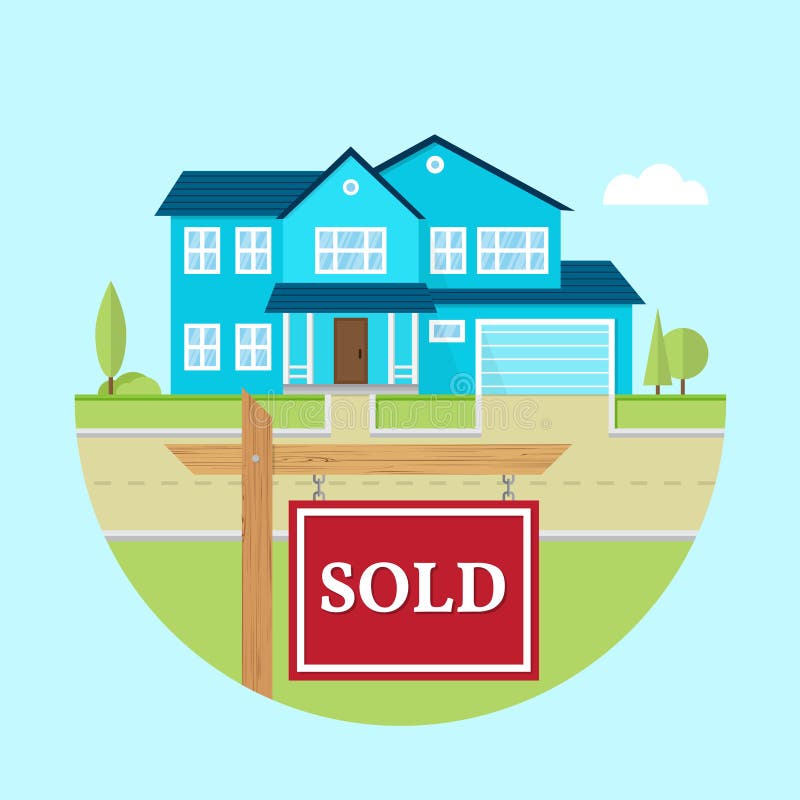Beautiful American House on the Blue Background with SOLD Sign Stock ...
