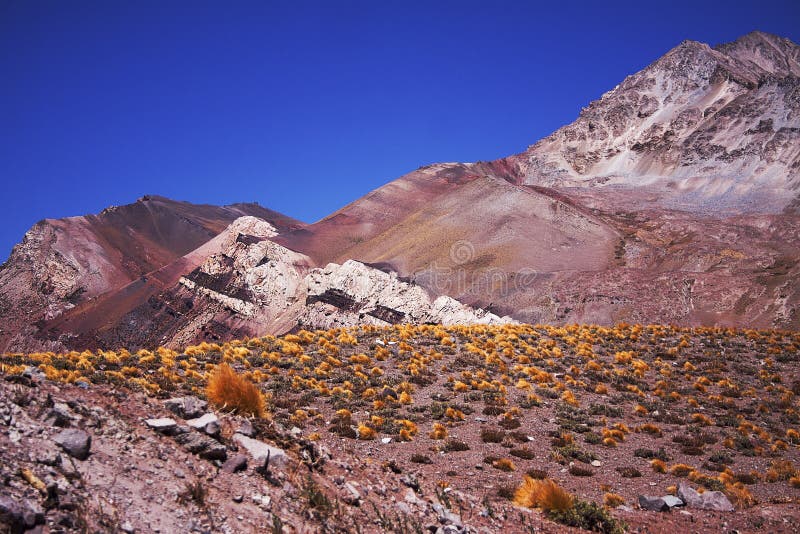 Beautiful Andes with Blue Sky and View of Aconcagua Mountain Stock ...