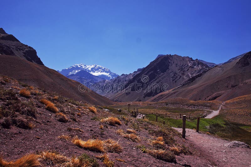 Beautiful Andes with Blue Sky and View of Aconcagua Mountain Stock ...
