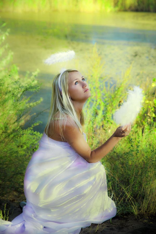 Angel Children Girl in Forest with Flower in Hand Stock Image - Image ...