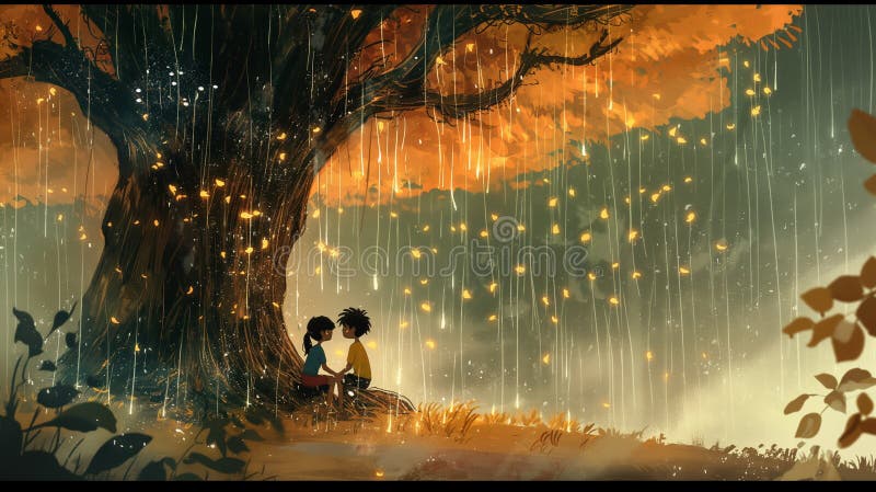 Beautiful Anime Art Style of Two Kid Under the Tree Stock Photo - Image ...