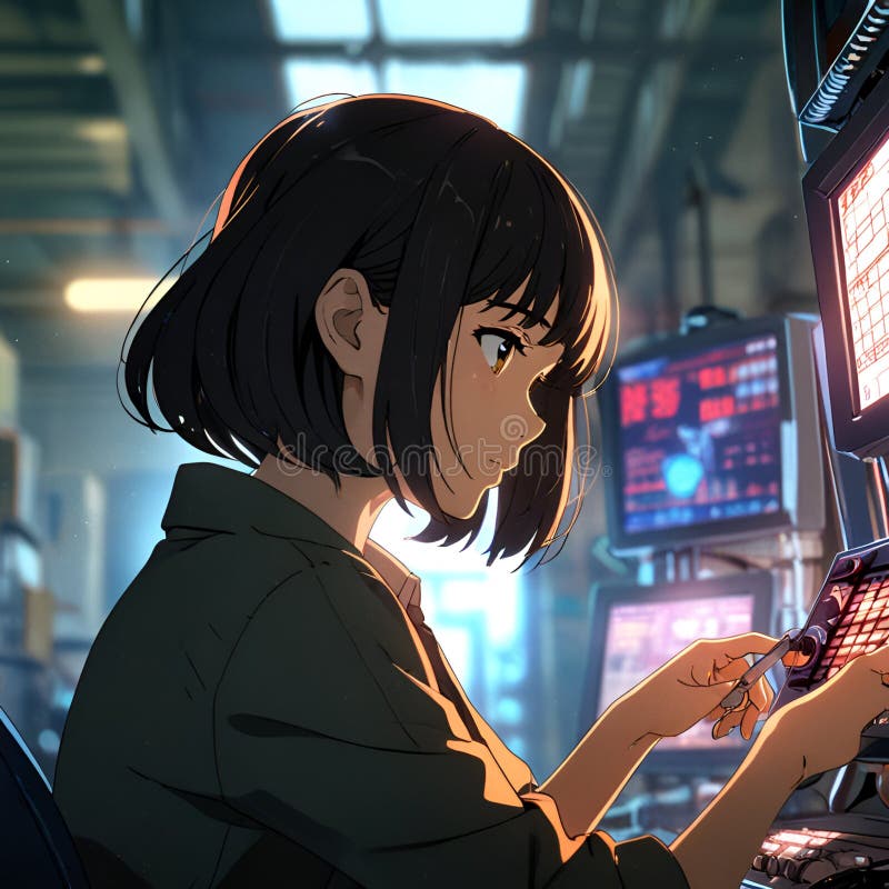 Beautiful Anime Character is Working at the Computer Stock Illustration ...