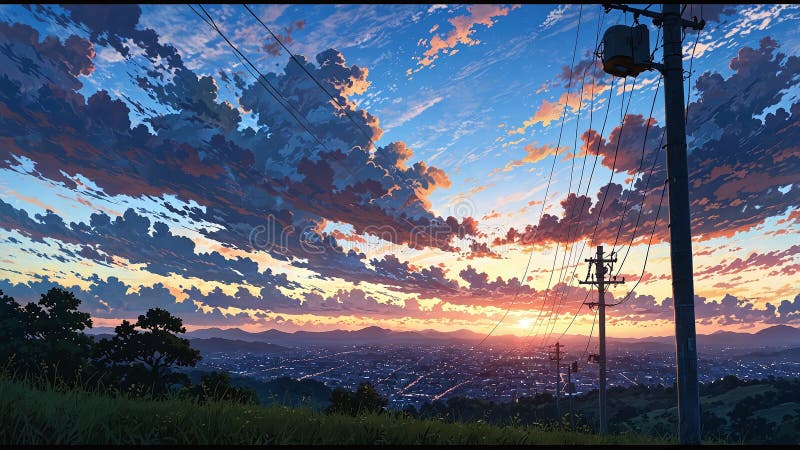 Beautiful Anime Sunset Over a Cityscape with Dramatic Clouds and Power ...