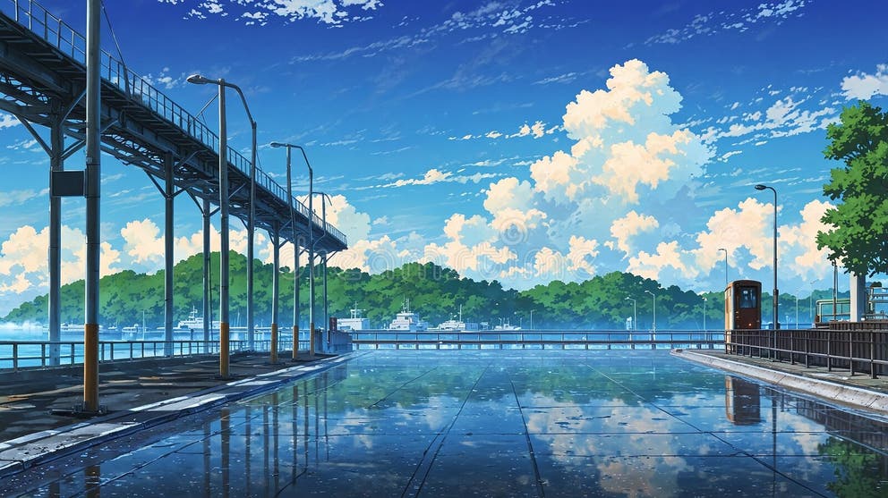 Beautiful Anime Waterfront with Reflections and Bridge Under a Clear ...